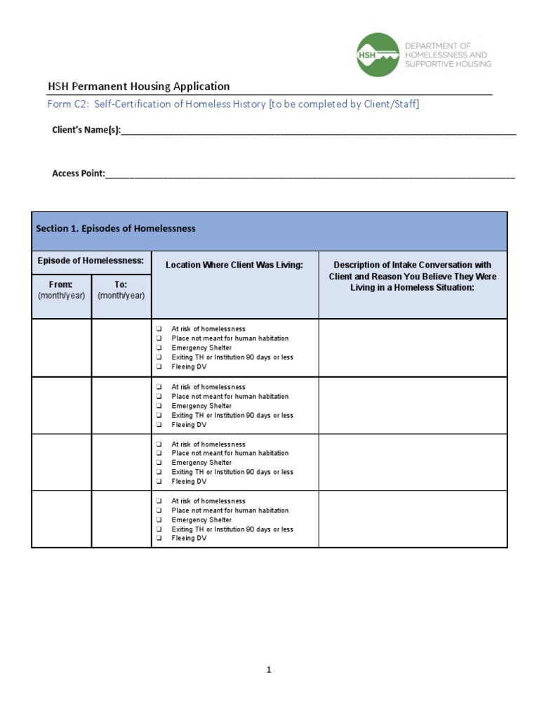 Homeless History Self-Certification Form | PDF | Homelessness | Human ...
