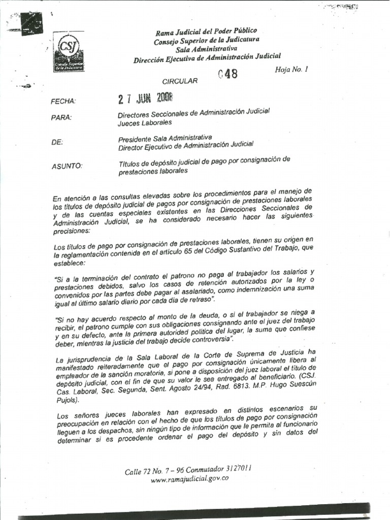 CIRCULAR 048 DE 2008 CONSEJO SUPERIOR DE LA JUDICATURA (Títulos de Depósito Judicial para Pago ...
