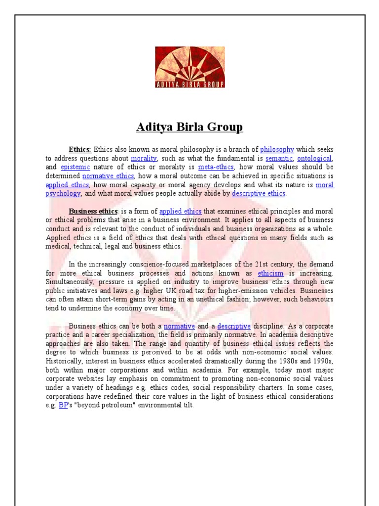 Aditya Birla Group: Ethics and Values | PDF | Business Ethics | Morality