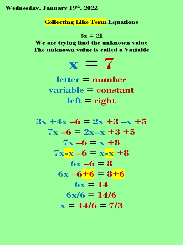 Solving Like Term Equations | PDF