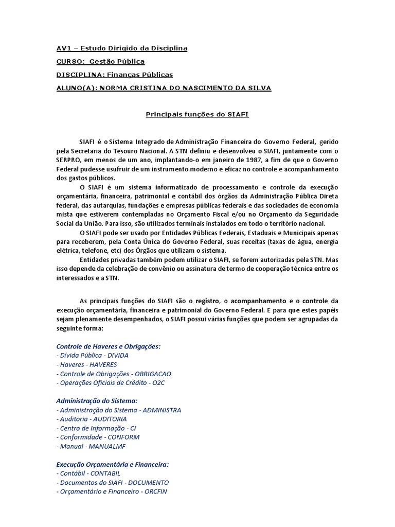 Principais Funções Do SIAFI | PDF | Contabilidade | Orçamento