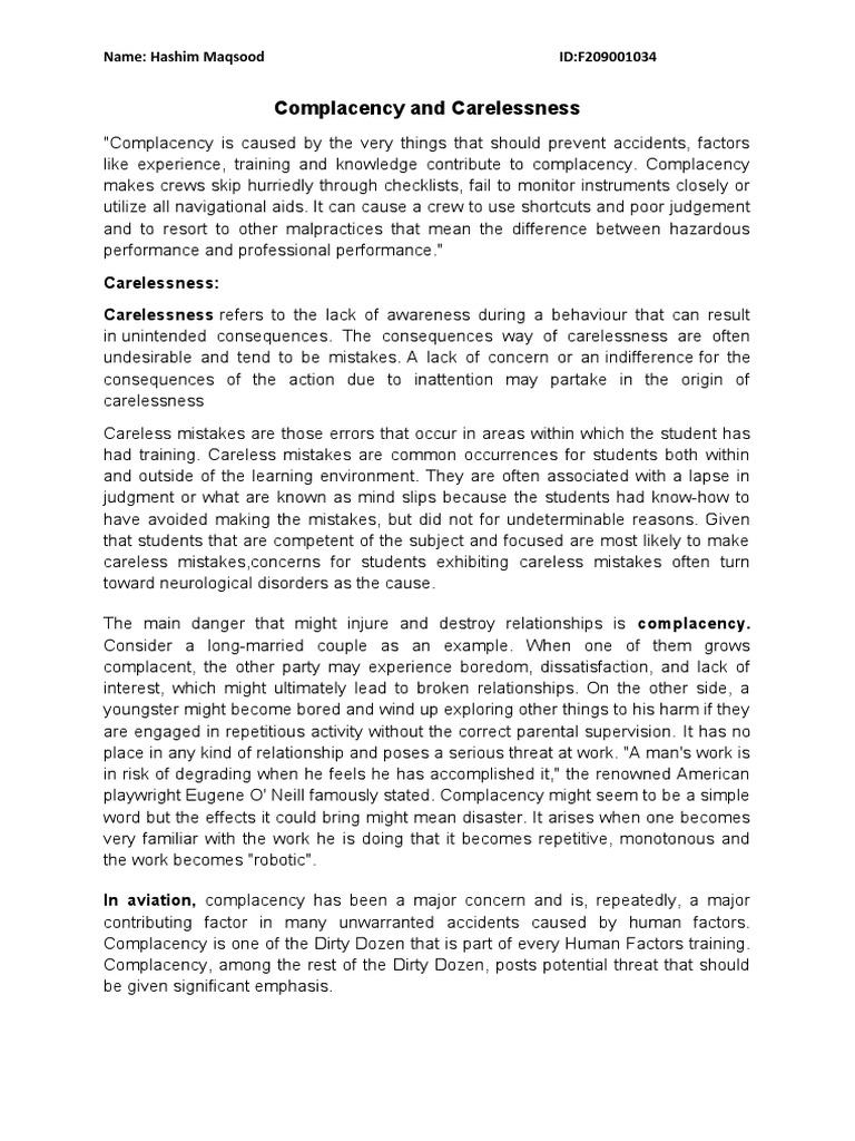 Complacency and Carelessness f2019001034 | Download Free PDF ...