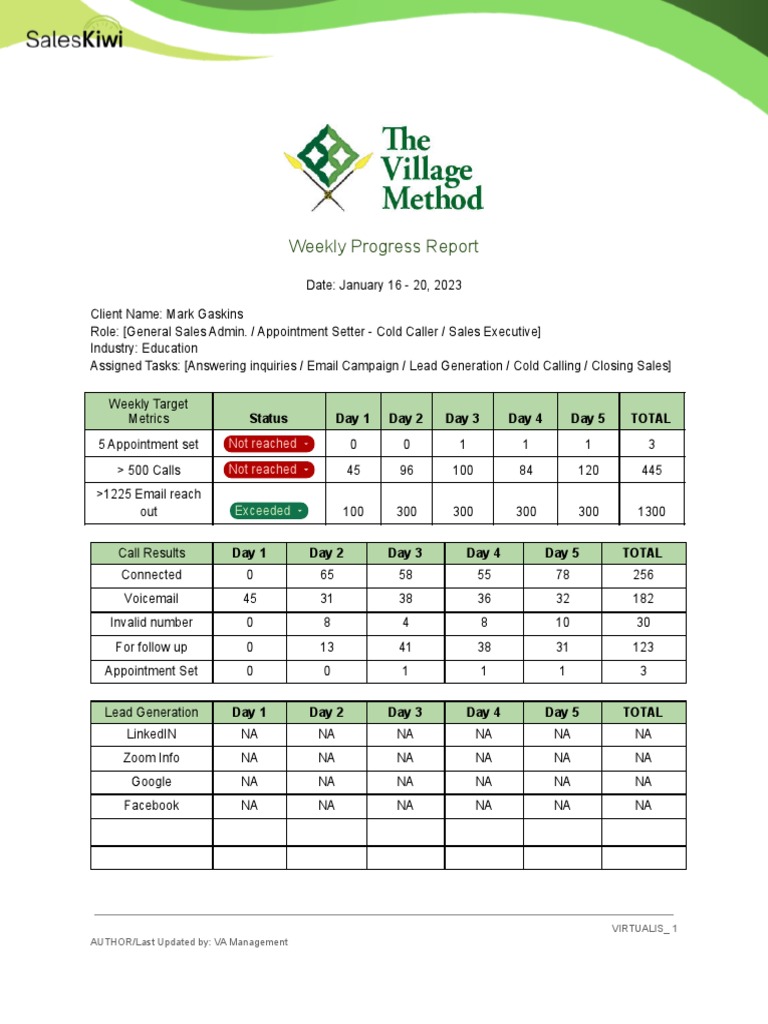 Weekly Sales Progress Report: Jan 2023 | PDF