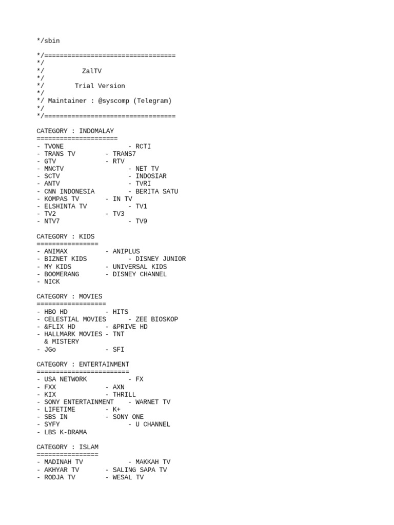 Trial Version of ZalTV IPTV with Categories for Indonesian TV Channels ...