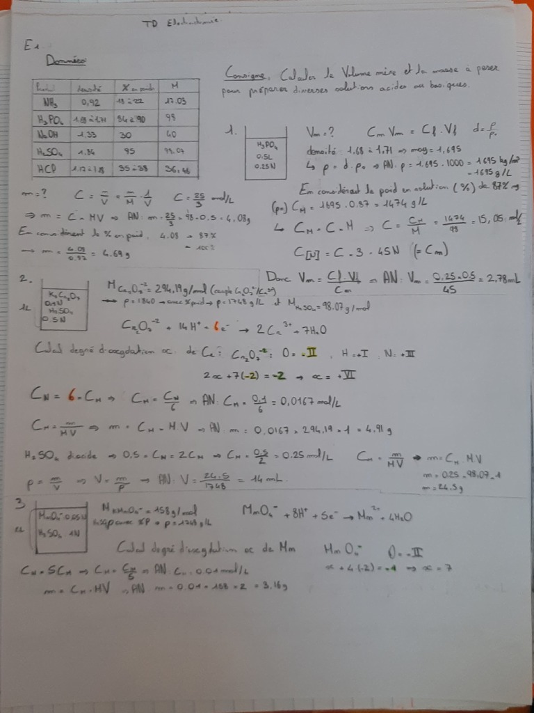 Fiche TD Electrochimie s4 | PDF