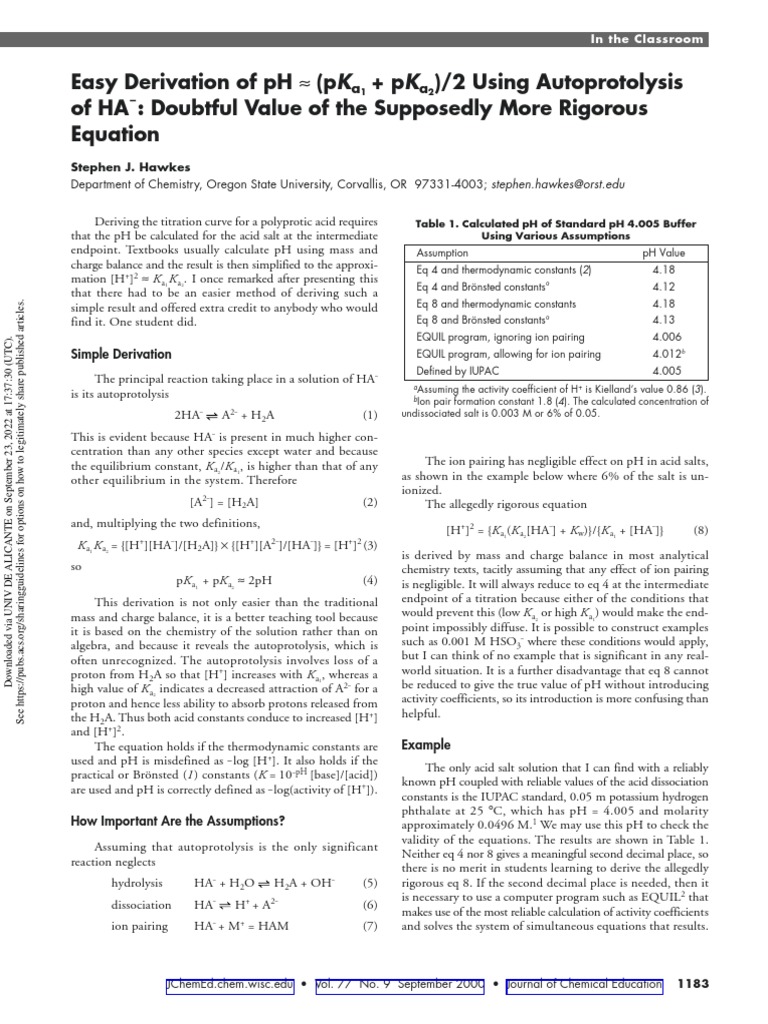 Easy Derivation of PH (P K + P K) /2 Using Autoprotolysis of HA: Doubtful Value of The ...