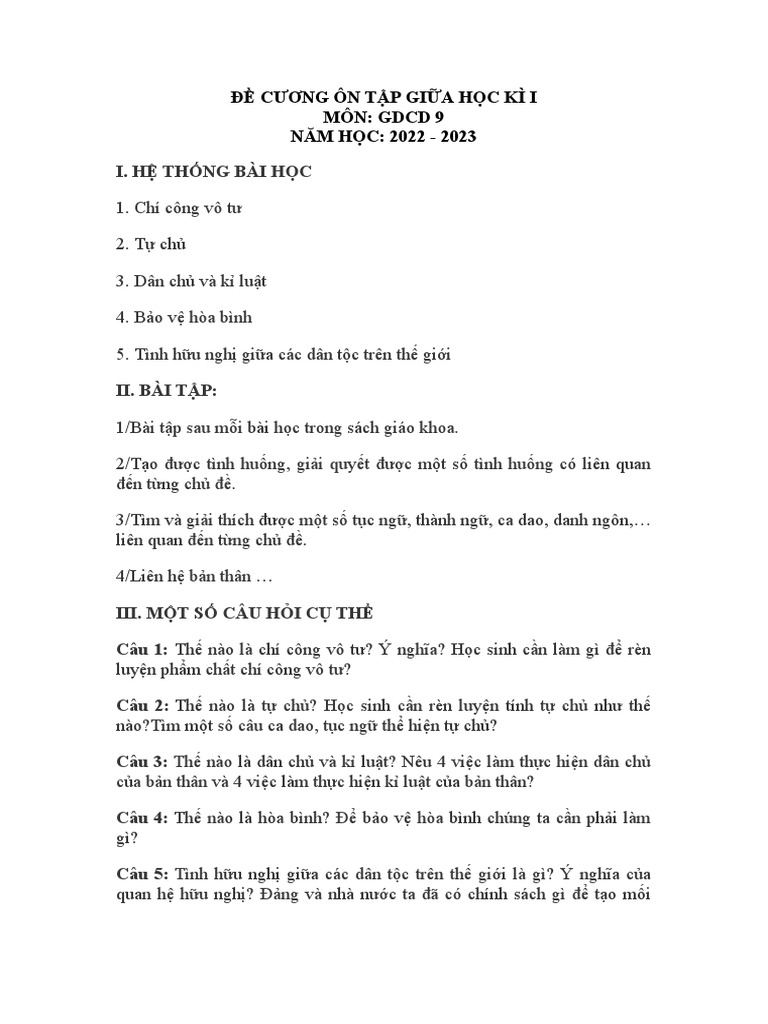 ĐỀ CƯƠNG ÔN TẬP GIỮA HỌC KÌ I GDCD 9 | PDF