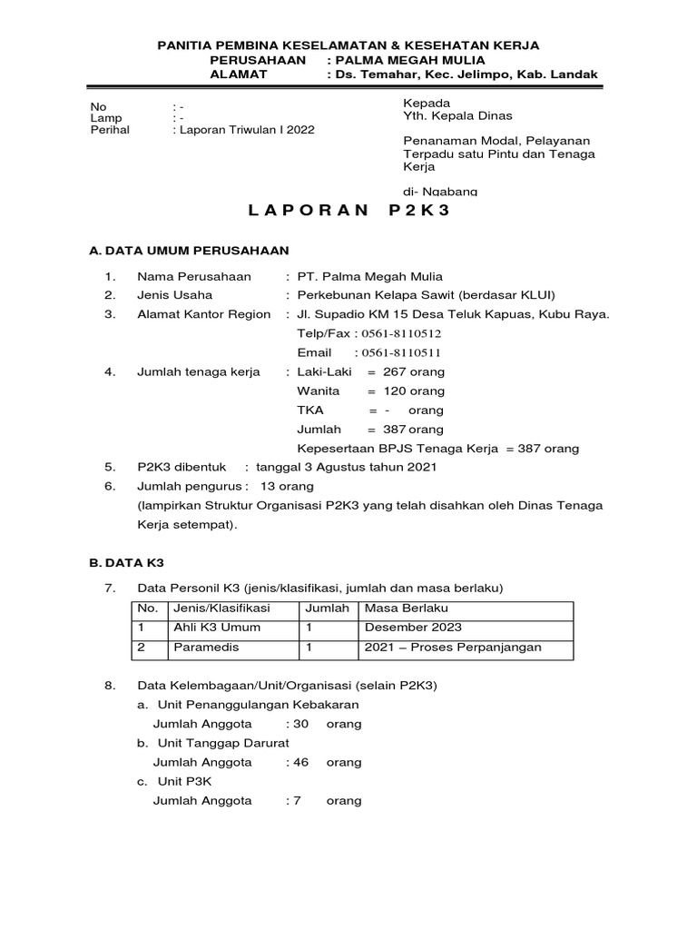 Laporan-P2K3-Triwulan 1 2022 | PDF