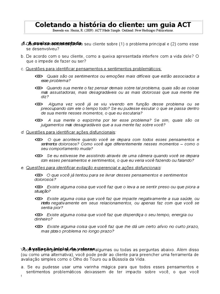 Coletando A História Do Cliente Um Guia ACT | PDF | Pensamento | Sentimento