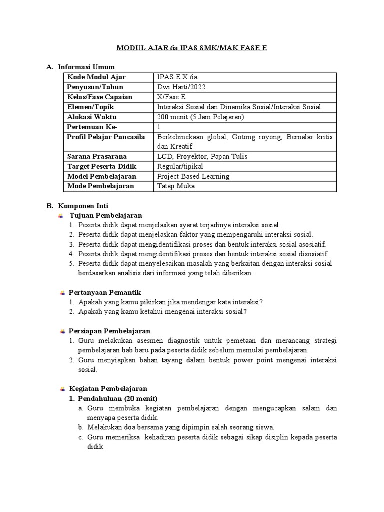 Modul Ajar Proyek IPAS Interaksi Sosial Dan Dinamika Sosial Rumpun Bisnis Dan Manajemen | PDF