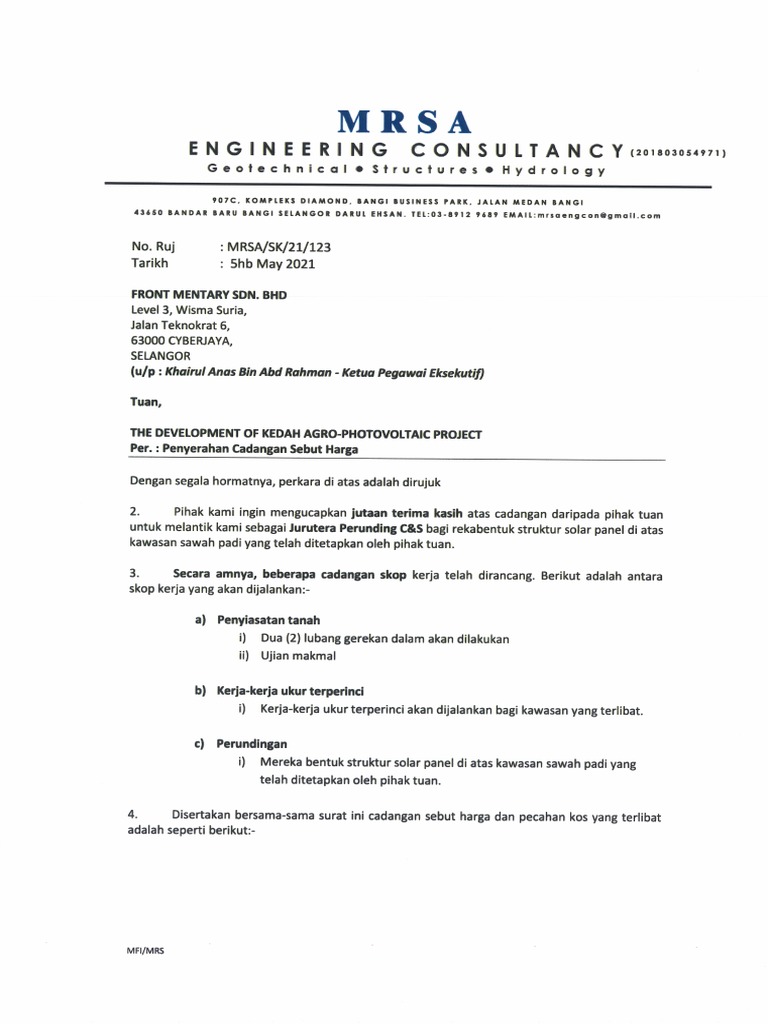 Surat Cadangan Sebut Harga - Mentary | PDF