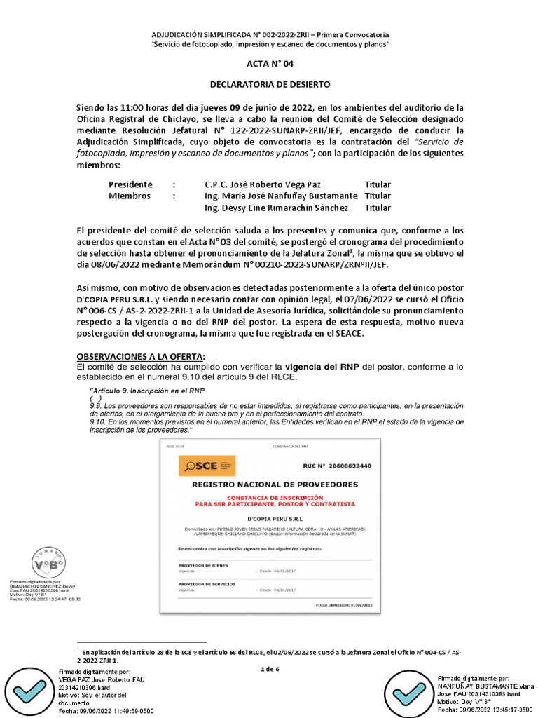 Adjudicación Desierta: Acta N° 04 | PDF