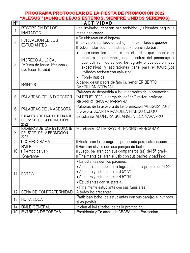 Programa Protocolar de La Fiesta de Promoción 1 | PDF Programa Protocolar de La Fiesta de Promoción 1 | PDF