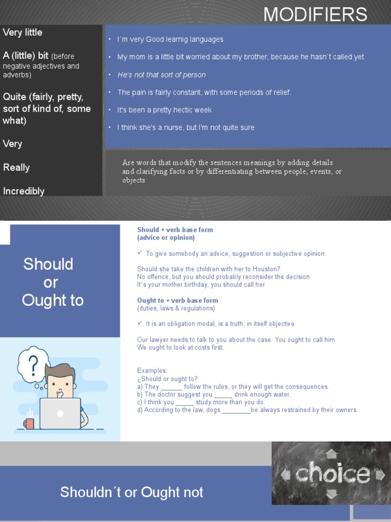 Modifiers, Should, Ought To, Exercises | PDF | Verb | Grammar