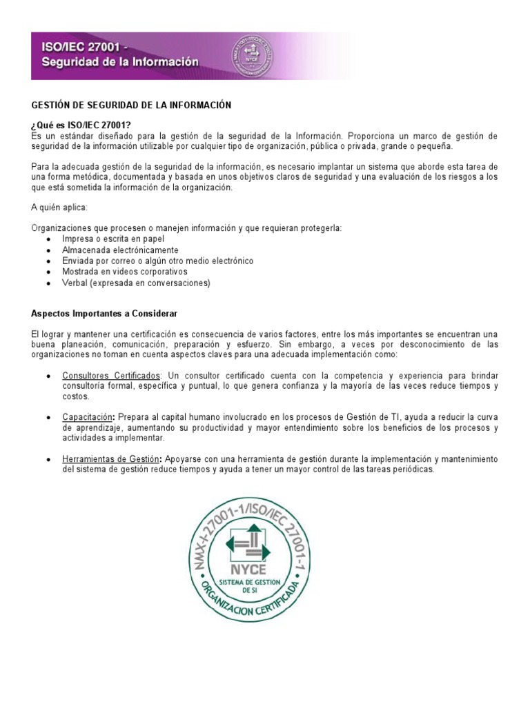 ISO IEC 27001 - Seguridad de La Información | PDF | Seguridad de información | Informática