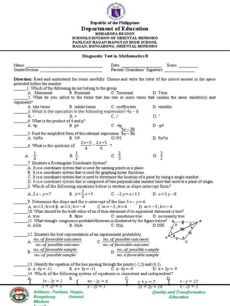 Diagnostic Test In Mathematics 8 Pdf Triangle Mathematical Concepts