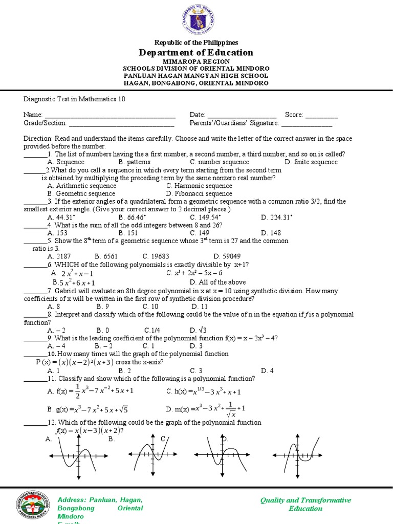 Diagnostic Test in Mathematics 10 | PDF | Circle | Sequence