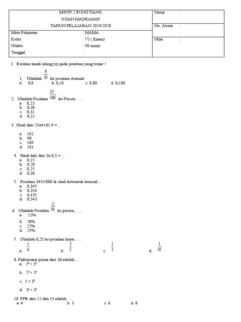 SOAL UM MI NW 2 BUNGTIANG Mama | PDF