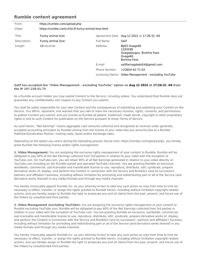 Rumble Video Management Agreement | PDF | License | You Tube