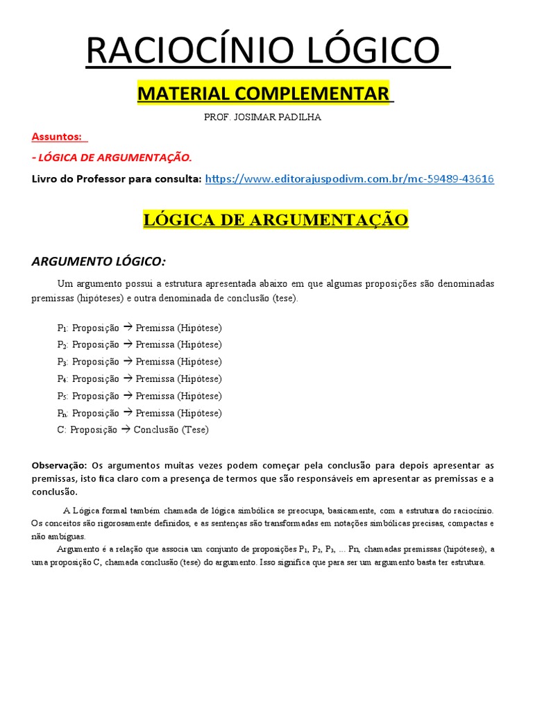 MATERIAL COMPLEMENTAR AULAS 06 e 07 - Lógica de Argumentação e ...