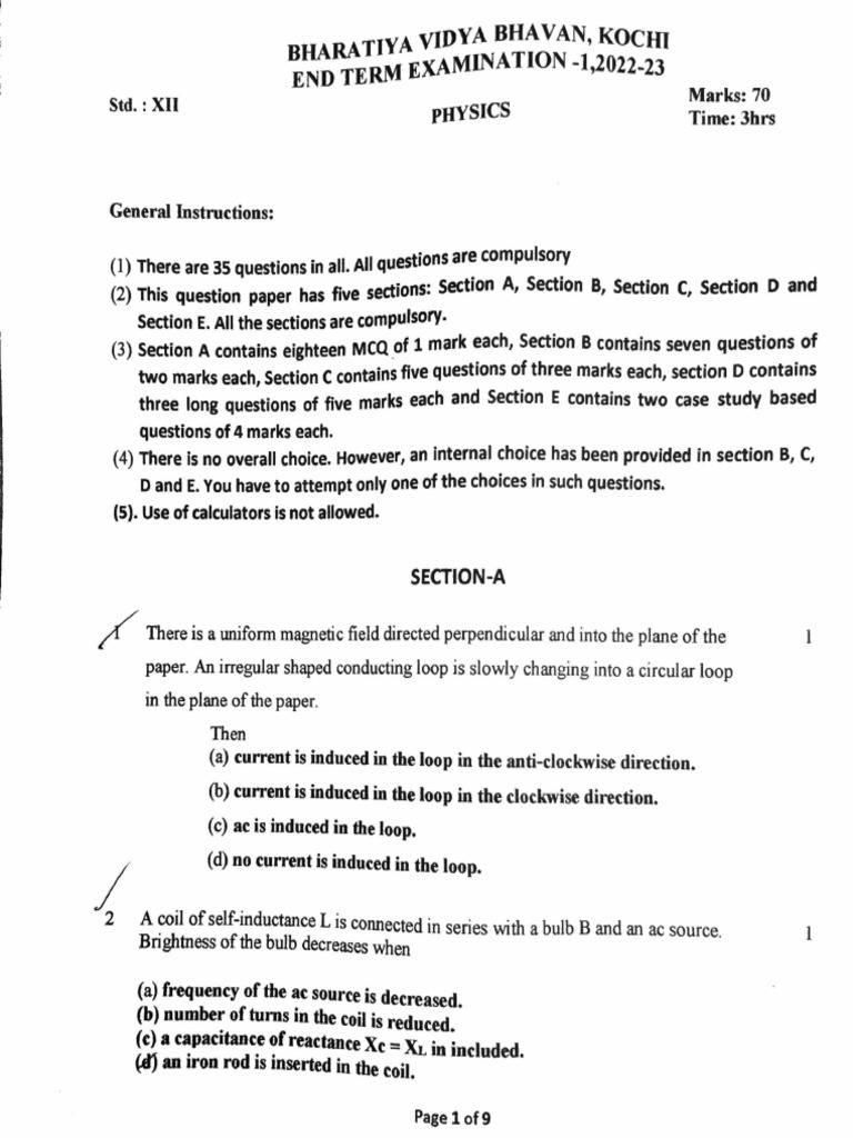 Bharatiya Vidya Bhavan Phy QN Paper | PDF | Magnetic Field | Inductor