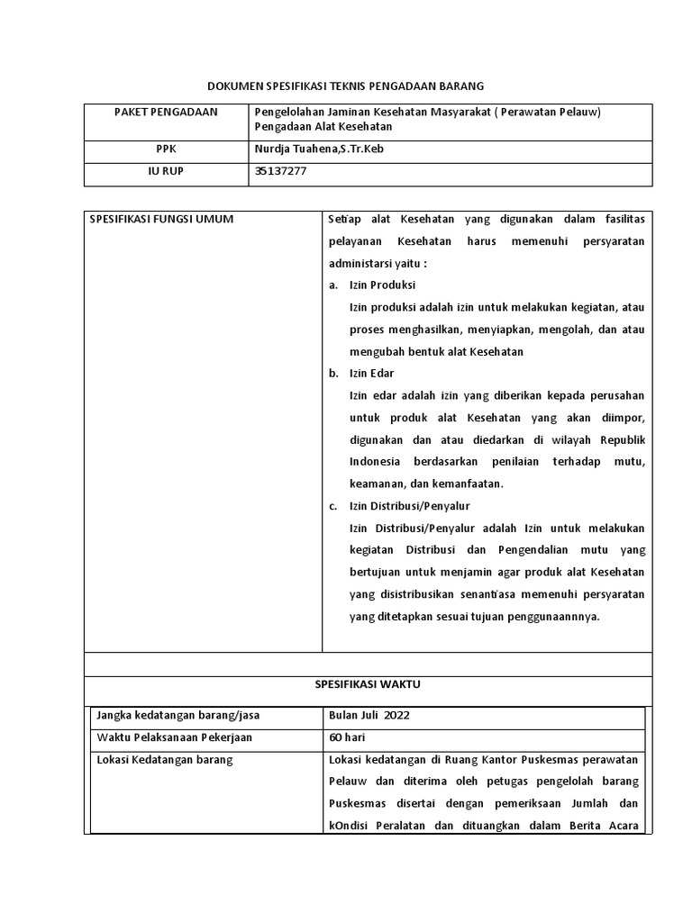 Dokumen Spesifikasi Teknis Pengadaan Barang Alkes DLL | PDF