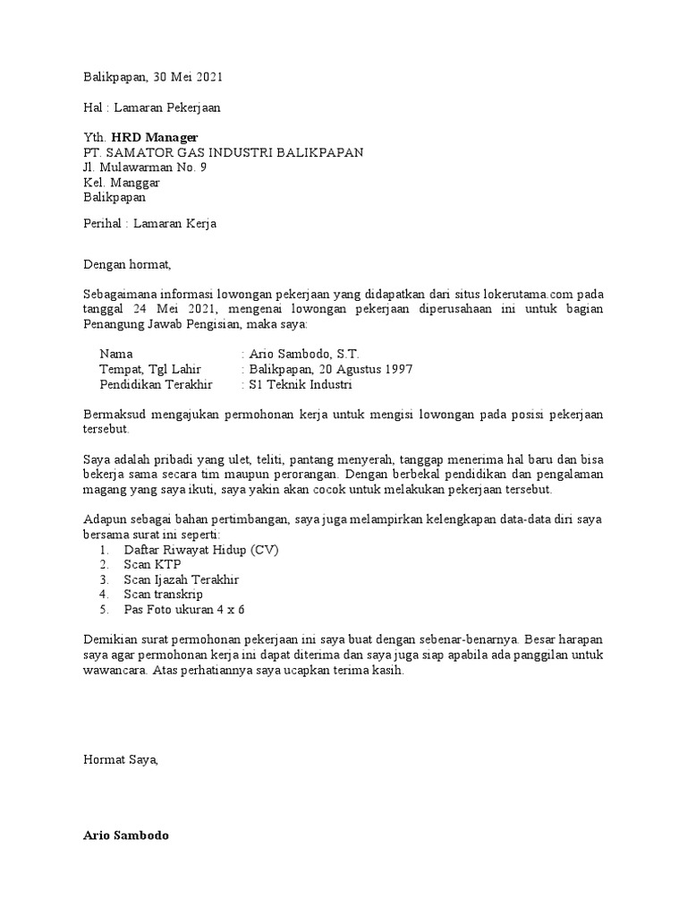 Lamaran Kerja Ario Sambodo | PDF | Bisnis | Ilmu Sosial