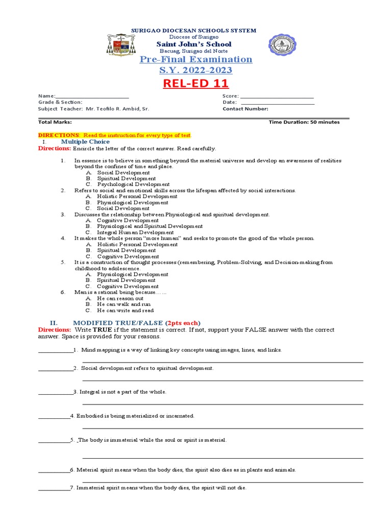 Rel-Ed 11 First Prelim For The 2nd Quarter | Download Free PDF ...