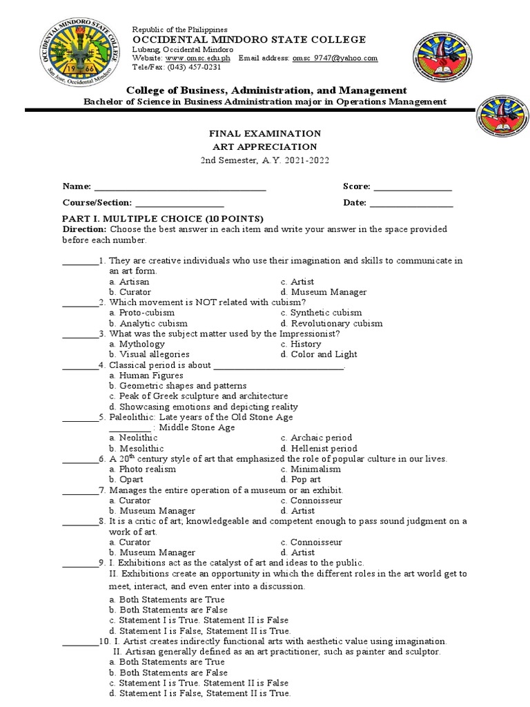 Art Appreciation Final Exam 2022 | PDF | Aesthetics | The Arts