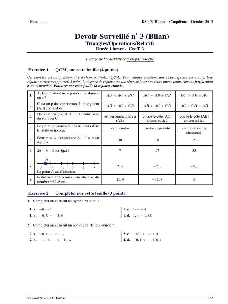 Ds 5e Bilan1 Operations Triangles Relatifs | PDF | Triangle | Géométrie