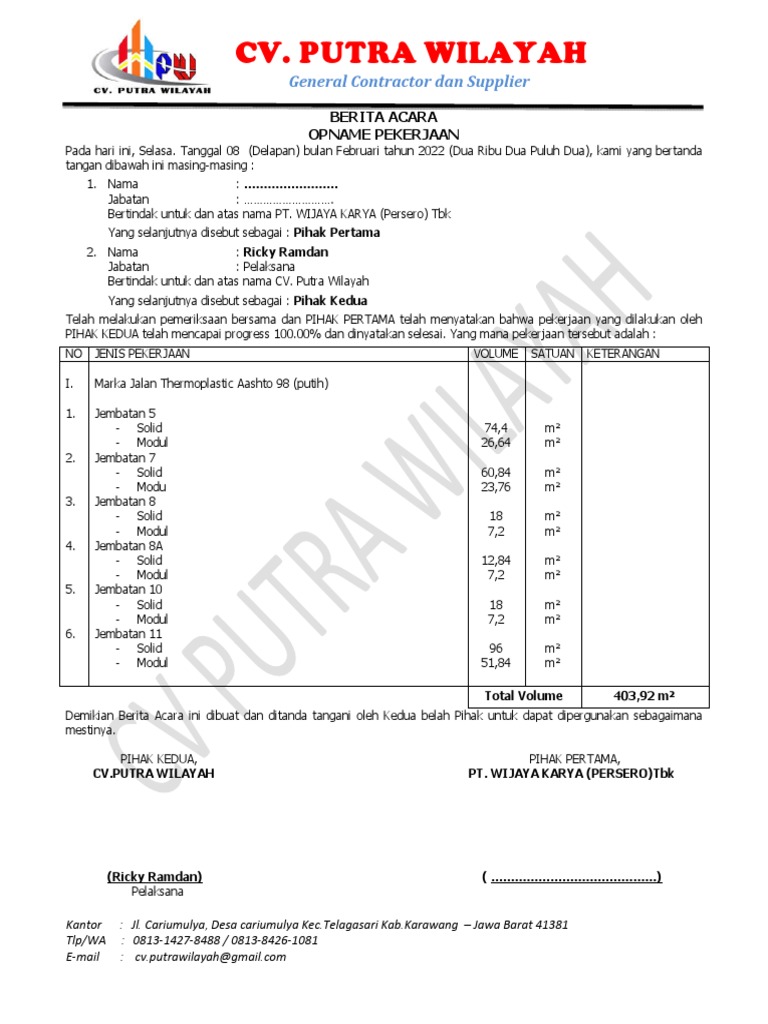 Contoh Berita Acara Opname / PHO | PDF