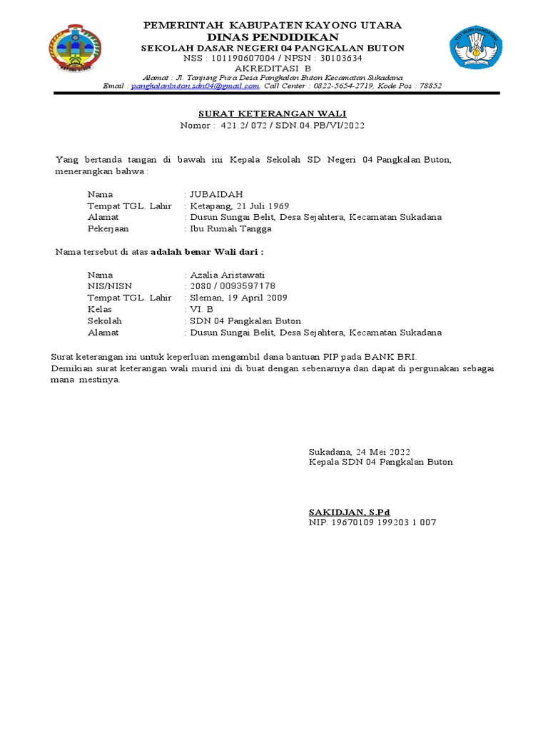 Surat Keterangan Wali Siswa | PDF