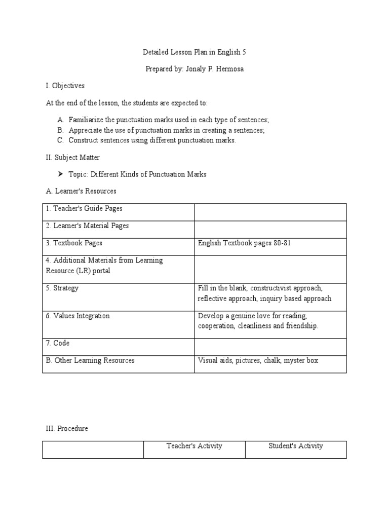 English 5 Lesson Plan: Punctuation Marks | PDF | Punctuation | Question