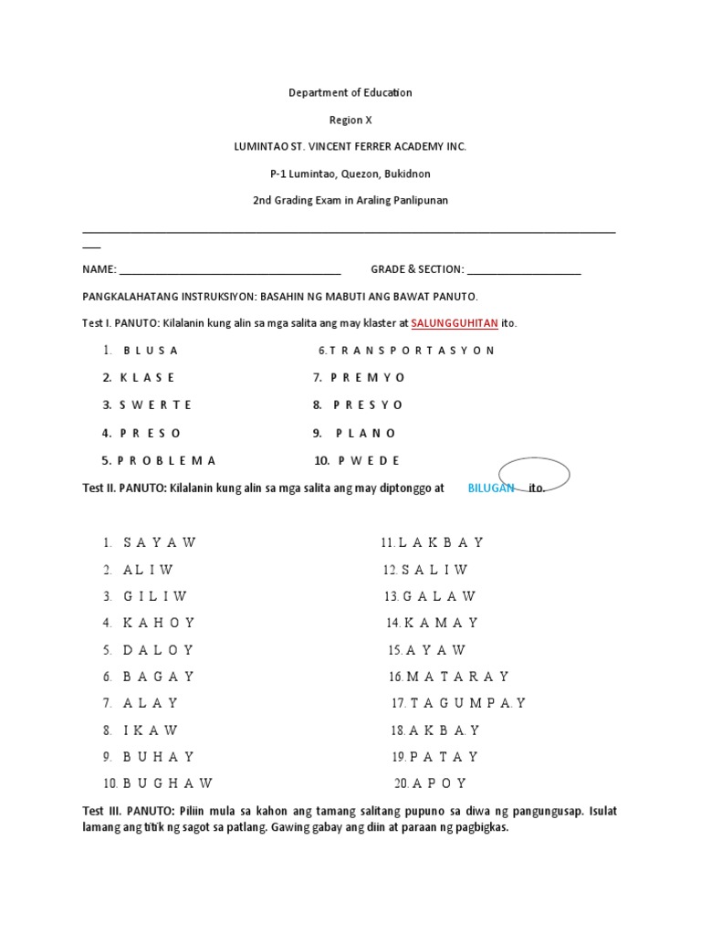 Examination For Filipino | PDF