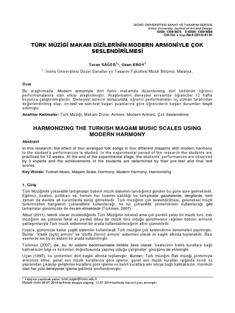 Türk Müzi̇ği̇ Makam Di̇zi̇leri̇ni̇n Modern Armoni̇yle Çok ...