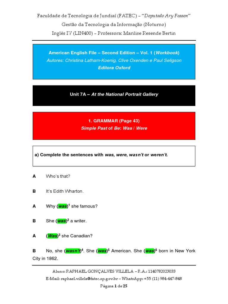 Trabalho de Inglês - AEF Workbook - 16.05.2022 | PDF