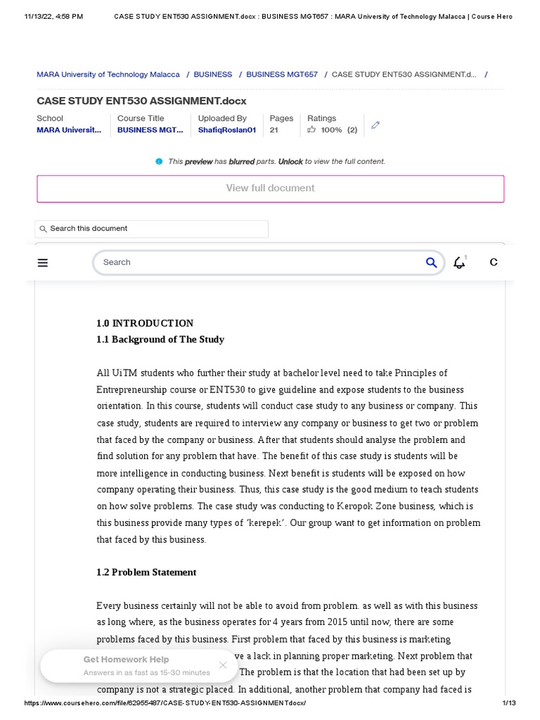 CASE STUDY ENT530 ASSIGNMENT - Docx - BUSINESS MGT657 - MARA University of Technology Malacca ...