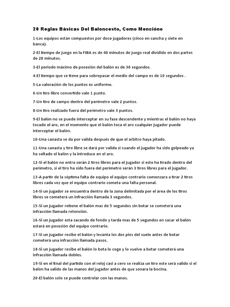 20 Reglas Básicas Del Baloncesto | PDF