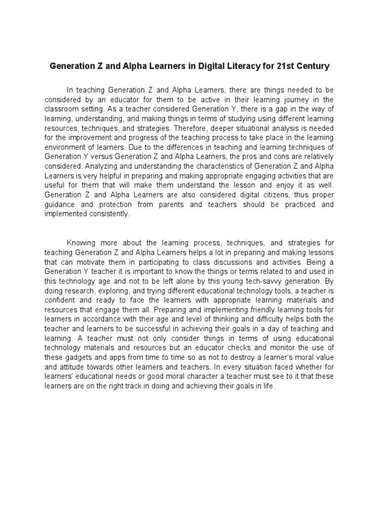 Generation Z and Alpha Learners in Digital Literacy For 21st Century 1 | PDF | Learning ...