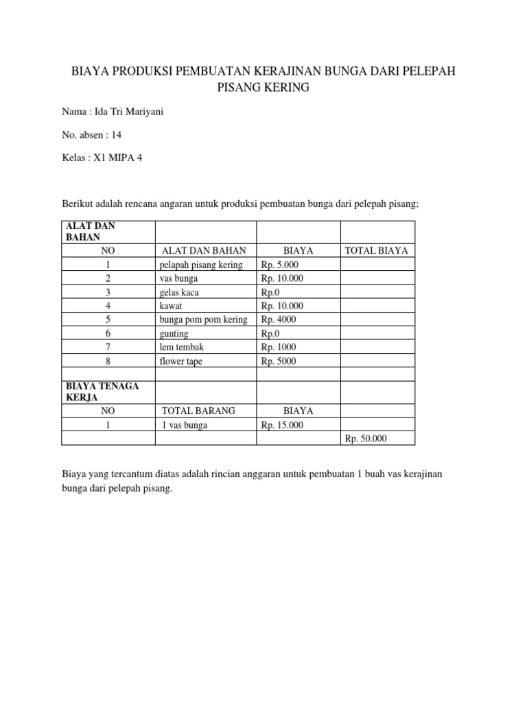 Biaya Produksi Pembuatan Kerajinan Bunga Dari Pelepah Pisang Kering | PDF