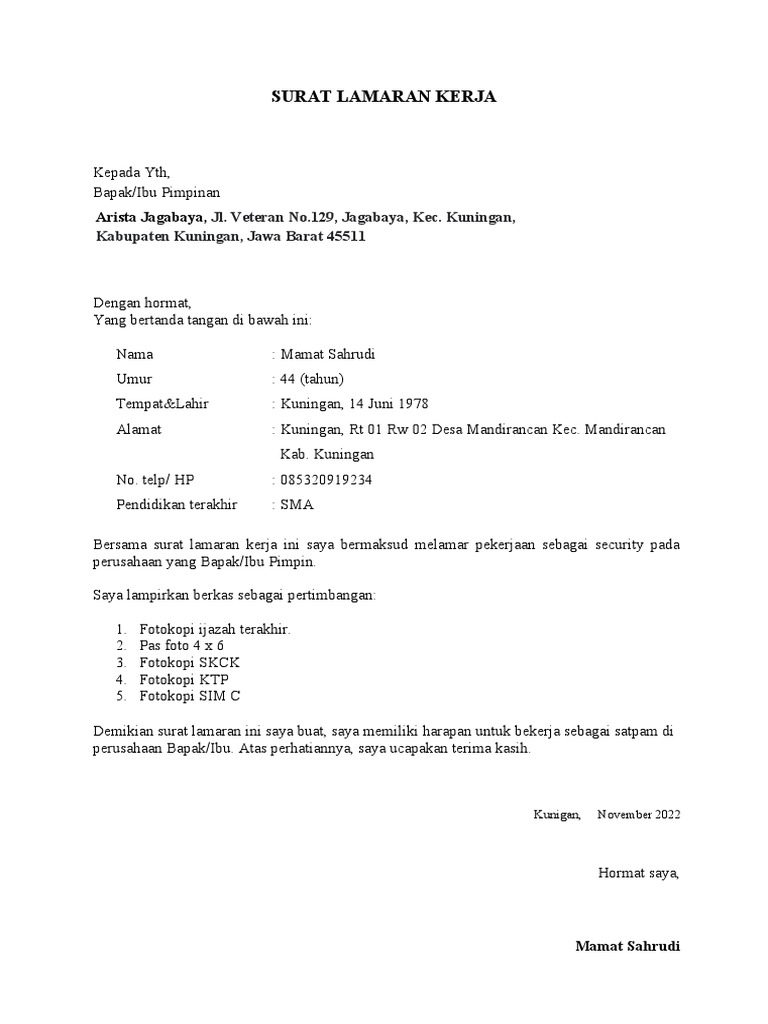 Contoh Surat Lamaran Kerja Security | PDF