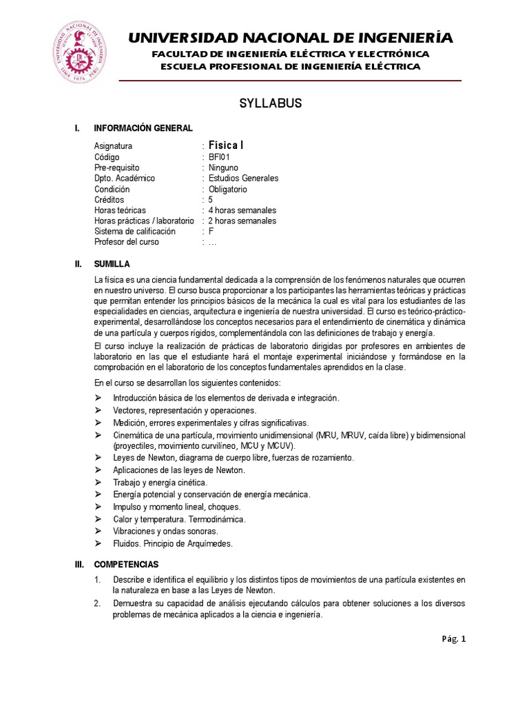 Temario BFI01 - Física 1 - UNI | PDF | Fuerza | Olas
