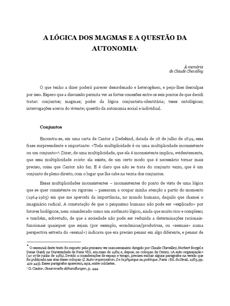 CASTORIADIS A Lógica Dos Magmas e A Questão Da Autonomia | PDF | Axioma | Tempo