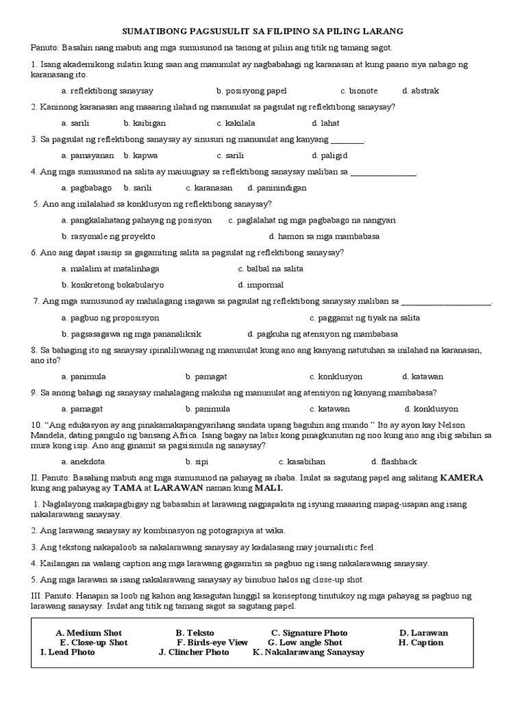 Sumatibong Pagsusulit Sa Filipino Sa Piling Larang | PDF