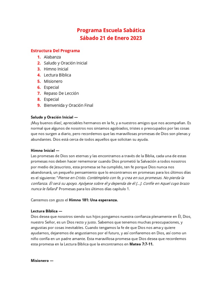 Programa Escuela Sabática 21 Enero 2023 | PDF | Cristo (título) | Fe
