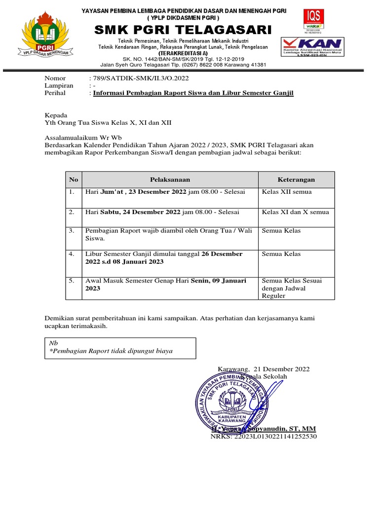 Surat Pemberitahuan Pembagian Raport Dan Libur Semester Ganjil 2022-2023-1 | PDF