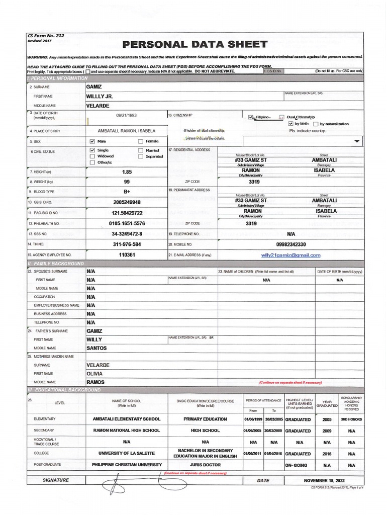 Personal Data Sheet | PDF