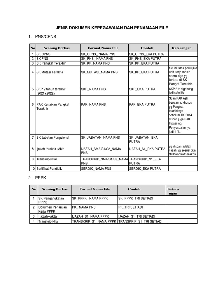 Jenis Dokumen Kepegawaian Dan Penamaan File | PDF