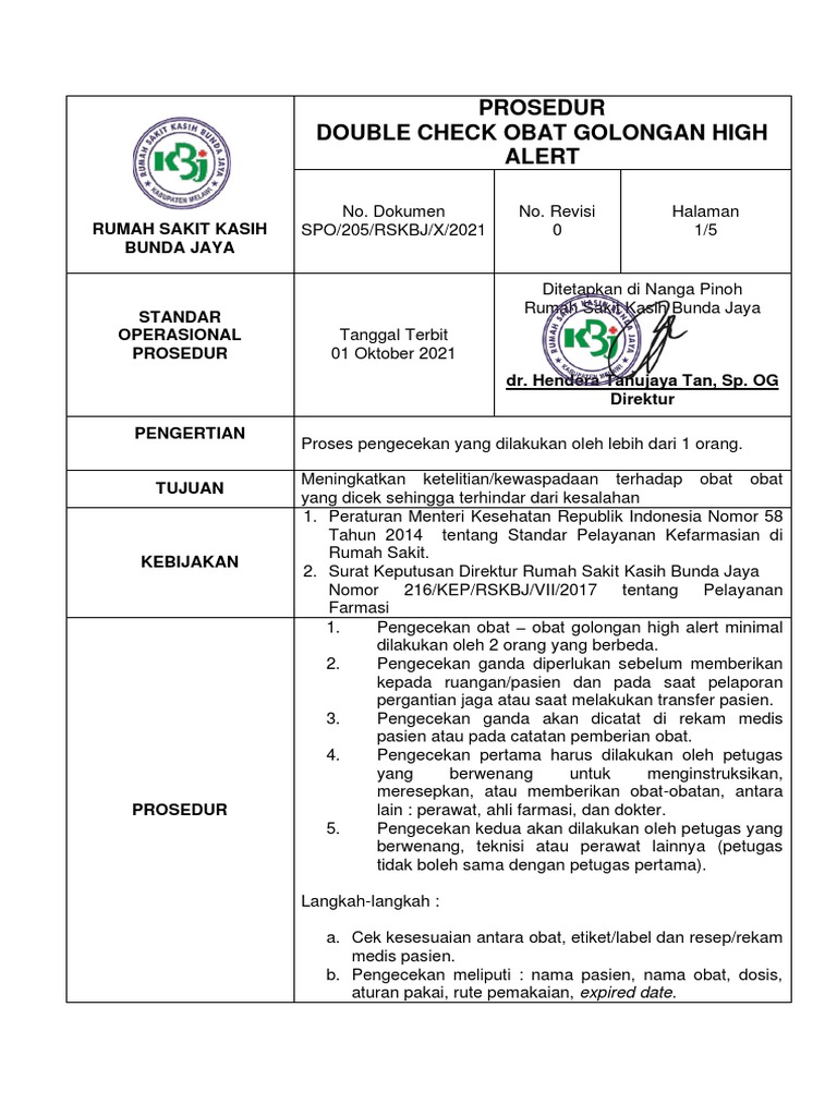 Prosedur Double Check Obat High Alert | PDF