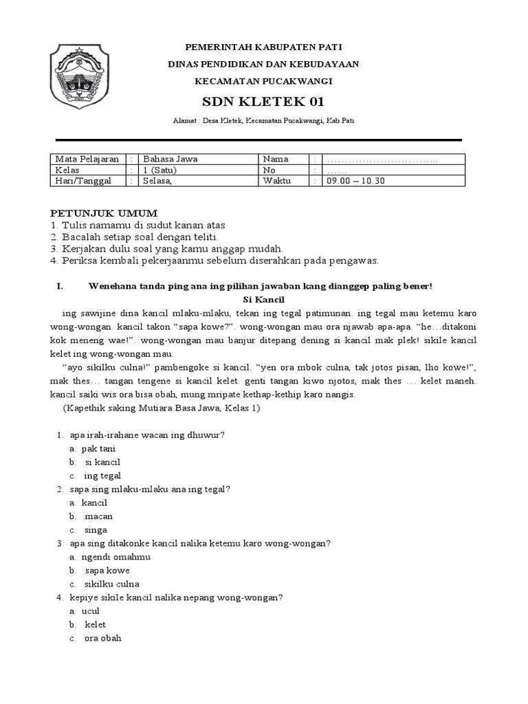 Soal Bahasa Jawa Kls 1 | PDF